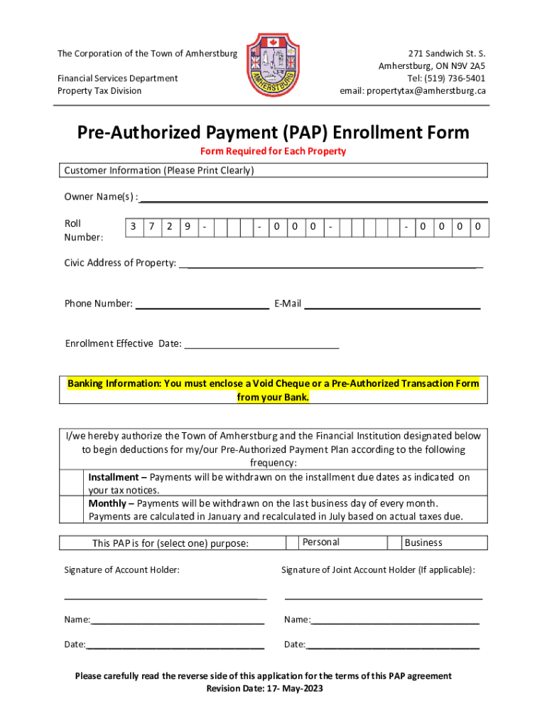 Fillable Online Pre-Authorized Payment (PAP) Enrollment Form Fax Email ...