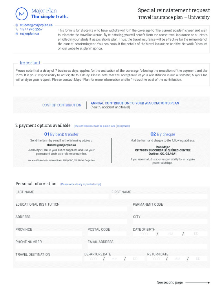 Fillable Online Special reinstatement request - Travel insurance plan Fax Email Print - pdfFiller