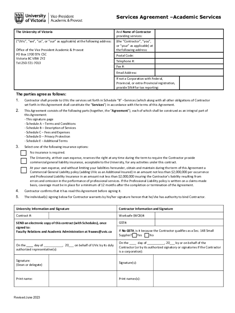Fillable Online Services AgreementNon-Academic Short Form Fax Email ...