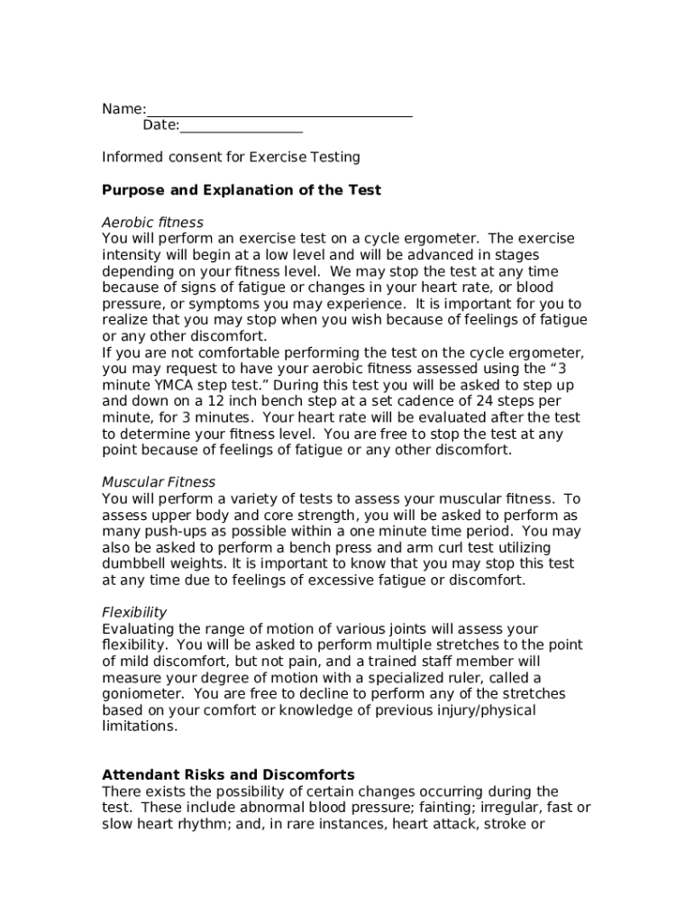 Ined Consent for an Exercise Test Doc Template | pdfFiller
