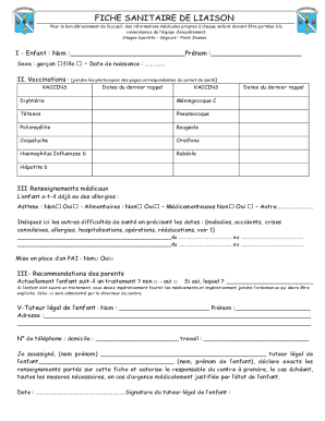 Remplissable En Ligne FICHE SANITAIRE DE LIAISON Centre : Fax Email Imprimer - pdfFiller