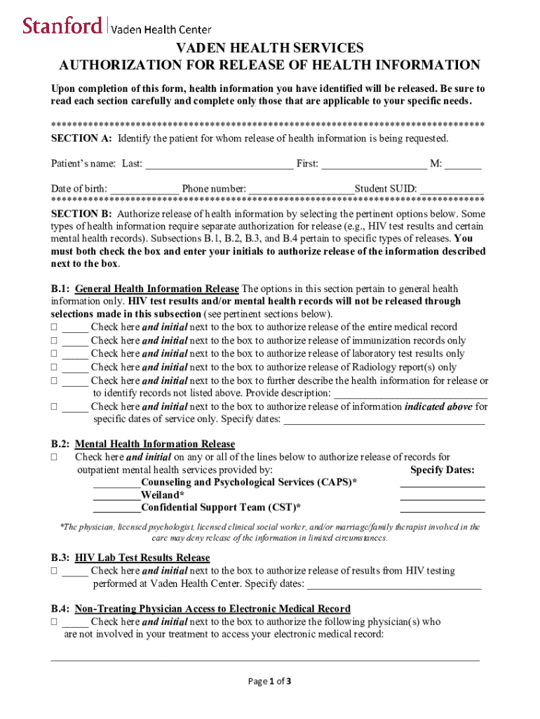 Fillable Online vaden stanford authorization-disclosure-form.pdf Fax Email Print - pdfFiller