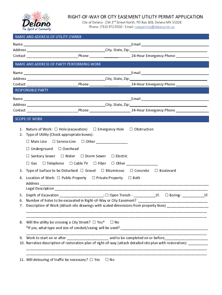 Fillable Online RIGHT-OF-WAY OR CITY EASEMENT UTILITY PERMIT ... Fax ...