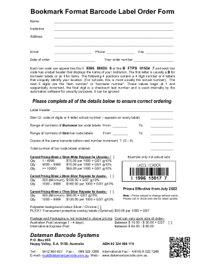Fillable Online Bookmark Format Barcode Label Order Form Fax Email Print - pdfFiller