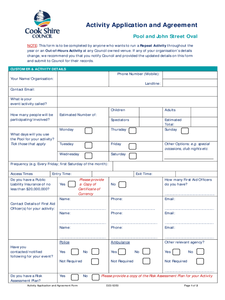 Fillable Online Template - Activity Application and Agreement Form ...