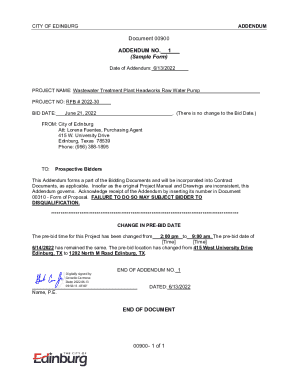 Fillable Online 1 of 1 Document 00900 ADDENDUM NO. 1 (Sample Form ...