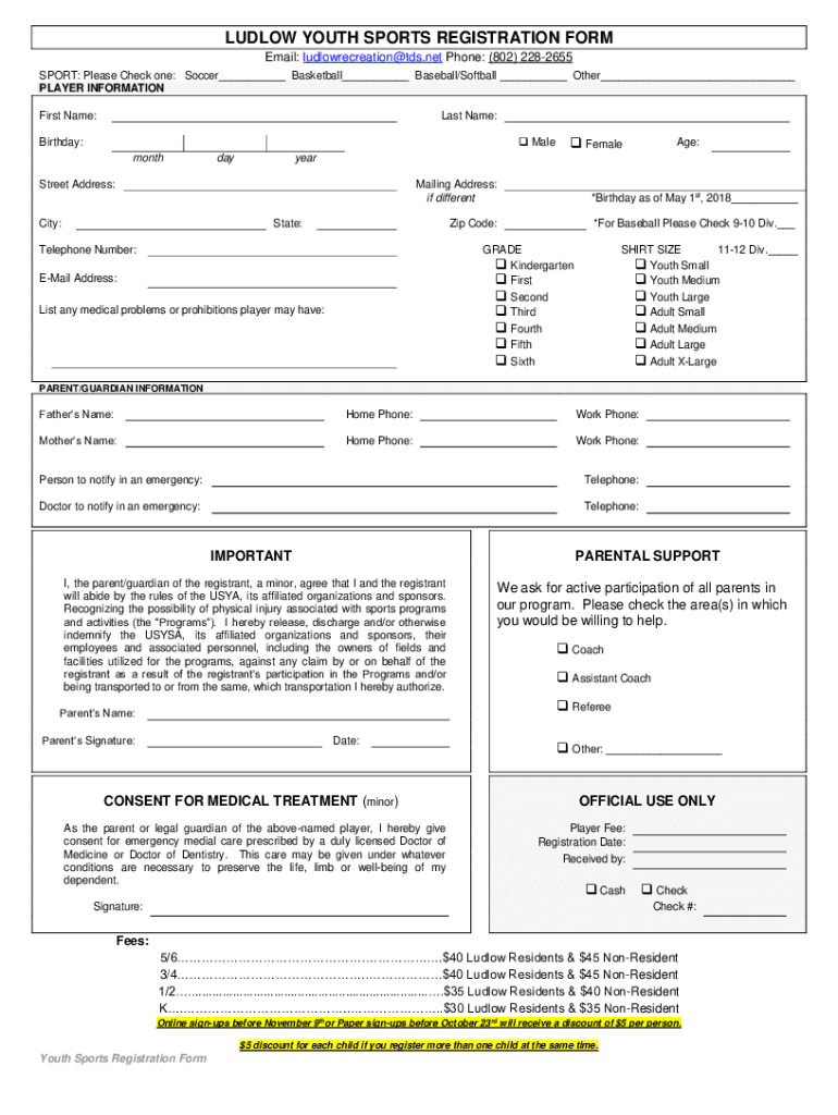 Fillable Online Ludlow Youth Sports Registration Form Fax Email Print - pdfFiller