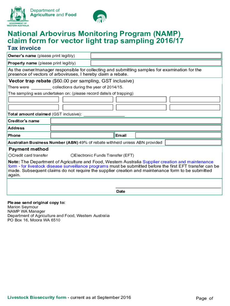 Fillable Online NAMP claim form for vector light trap sampling 2014/15 ...