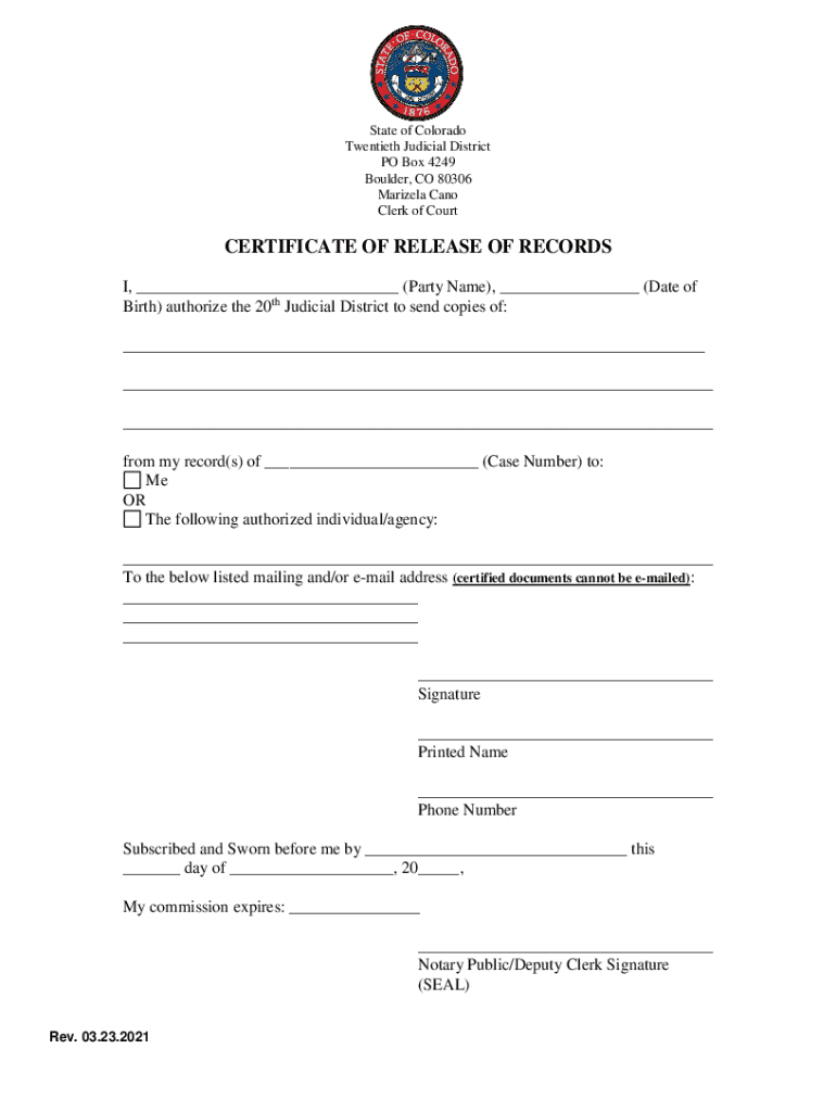 Fillable Online Certificate of Release of Records Fax Email Print ...