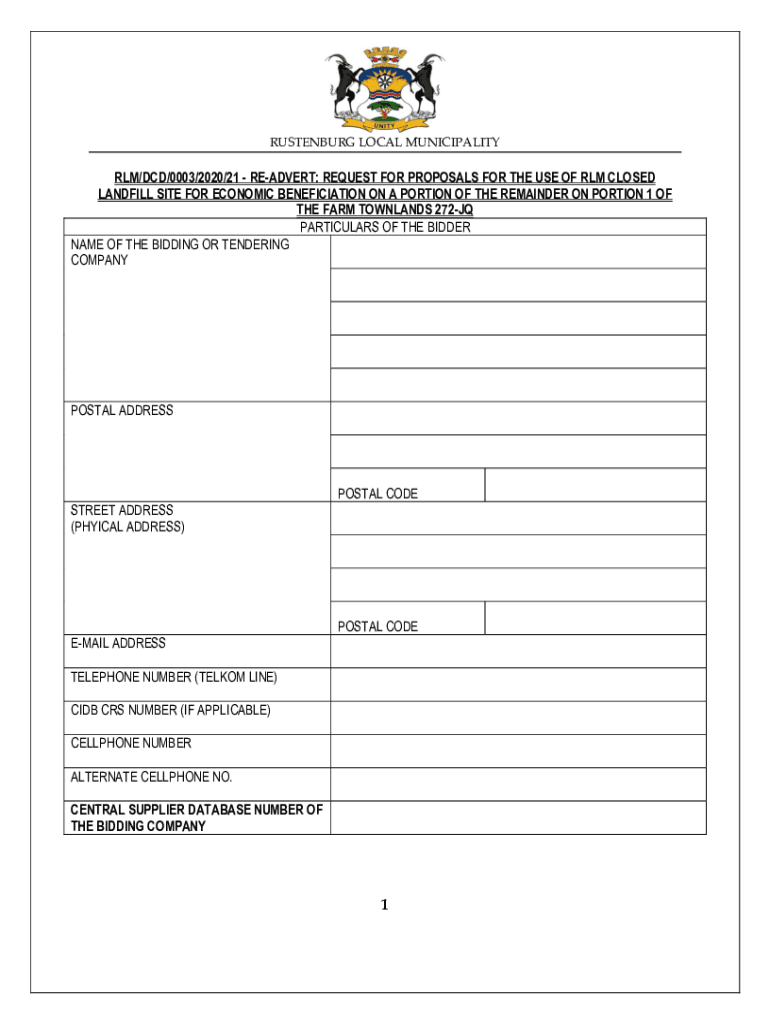 Fillable Online RLM/DCD/0003/2020/21 - RE-ADVERT: REQUEST FOR PROPOSALS FOR THE USE OF RLM ...