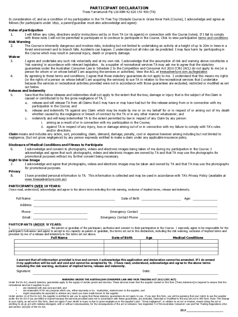 Fillable Online PARTICIPANT WAIVER AND RISK WARNING (Waiver) Fax Email Print - pdfFiller