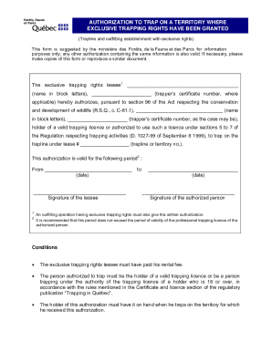 Fillable Online Authorization to trap on a territory where exclusive ...