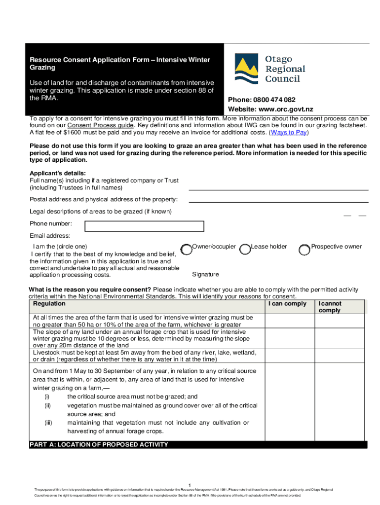 Fillable Online Resource Consent Application Form Intensive Winter ...