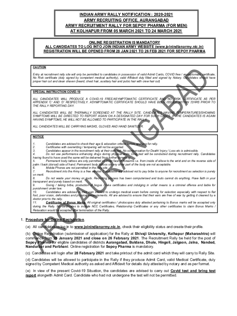 Fillable Online ARO Aurangabad Army Recruitment Rally 2021 - Study Job ...