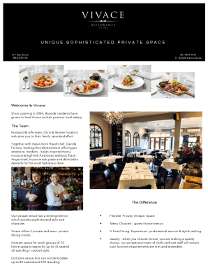 Fillable Online Vivace Restaurant and Functions, Food and Wine ...