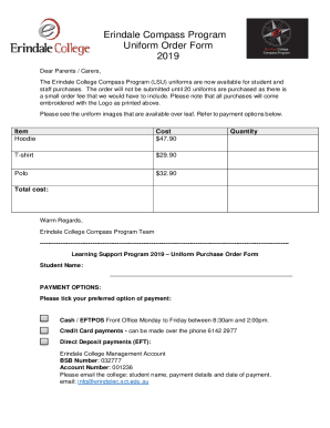Fillable Online Erindale Compass Program Uniform Order Form 2019 Fax ...