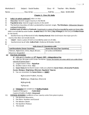 Fillable Online Worksheet 5 Subject: - Social Studies Class: - IV ...