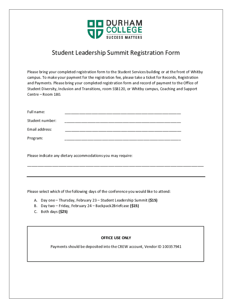 Fillable Online Student Leadership Summit Registration Form Fax Email ...