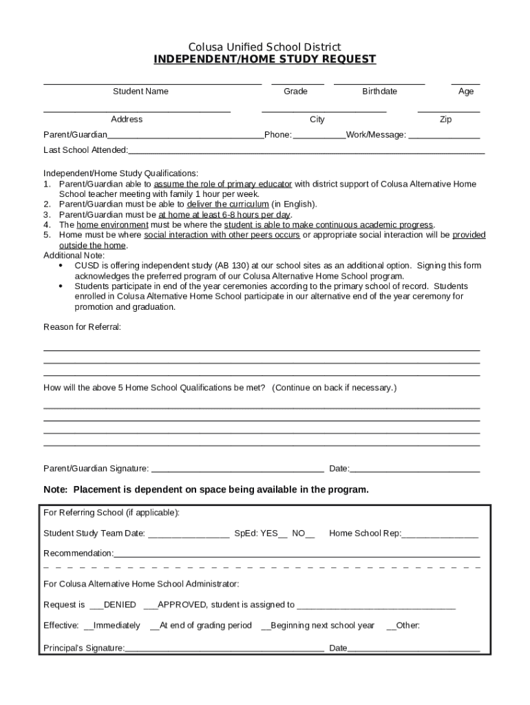 Colusa USD - Home School Request Doc Template | pdfFiller