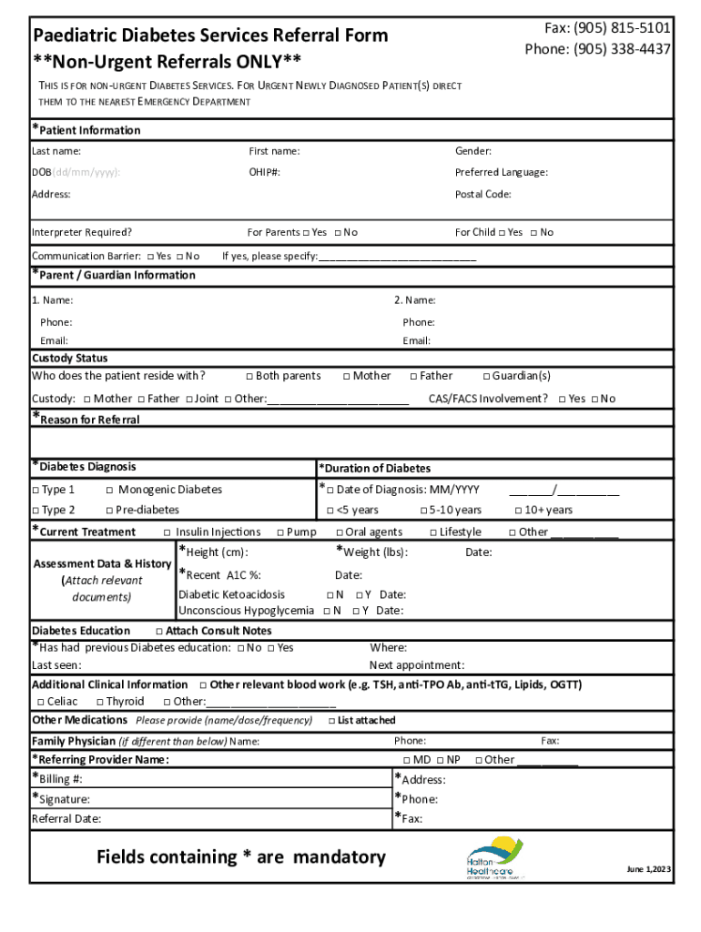 Fillable Online Paediatric Diabetes Services Referral Form ***Non ...