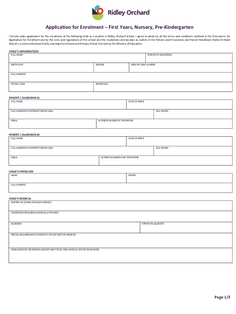 Fillable Online Application for EnrolmentFirst Years, Nursery, Pre-Kindergarten Fax Email Print ...