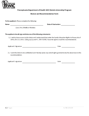 Fillable Online wic health state pa Application Waiver and ...