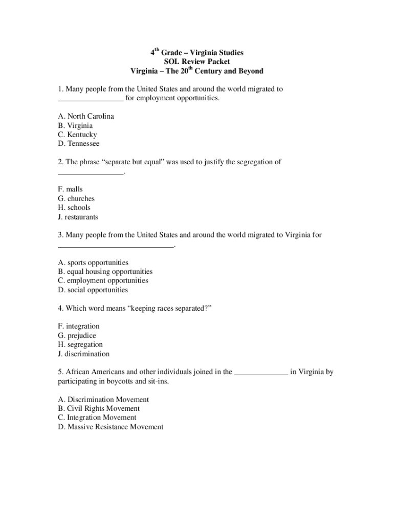 Fillable Online Virginia And United States History Sol Review Packet ...