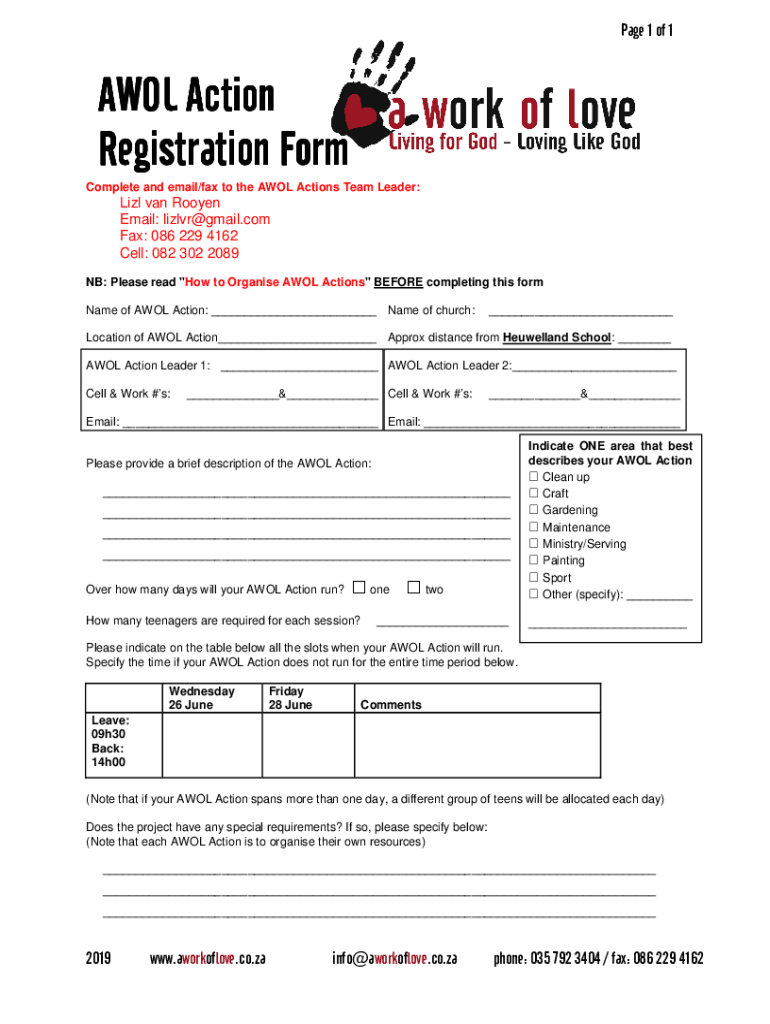 Fillable Online AWOL Action Registration Registration Form Fax Email ...