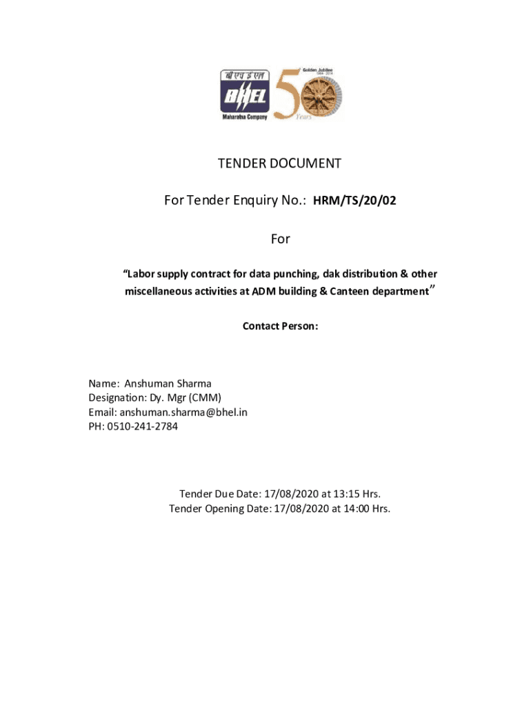 Fillable Online TENDER DOCUMENT For Tender Enquiry No.: HRM/TS/ ... Fax ...