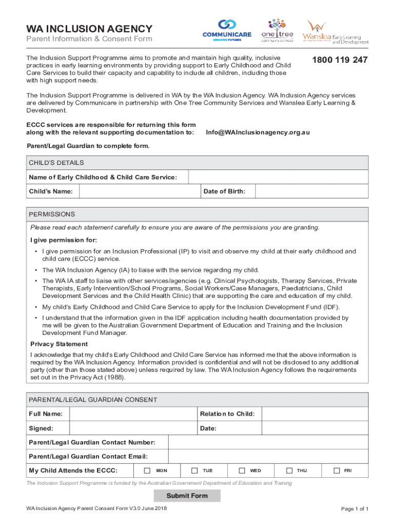 Fillable Online Parent Information and Consent Form - WA Inclusion ...