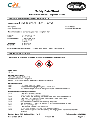 Fillable Online Safety Data Sheet Product name: GSA Builders Filler ...