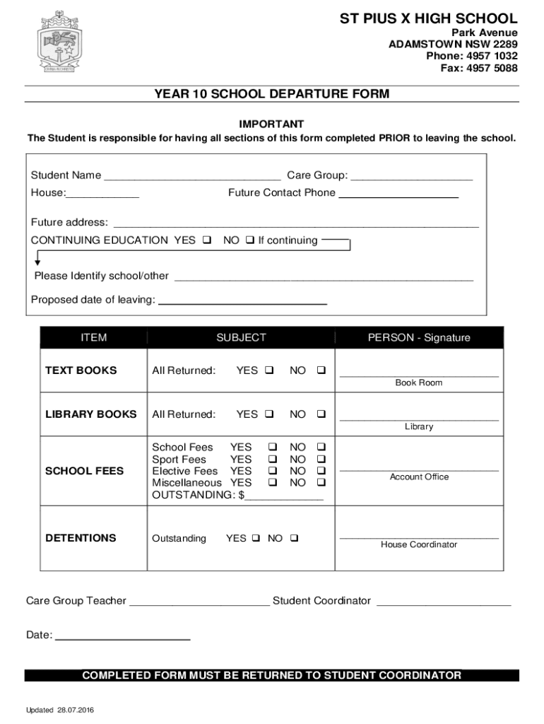 Fillable Online School Departure Form - Year 10 Fax Email Print - pdfFiller