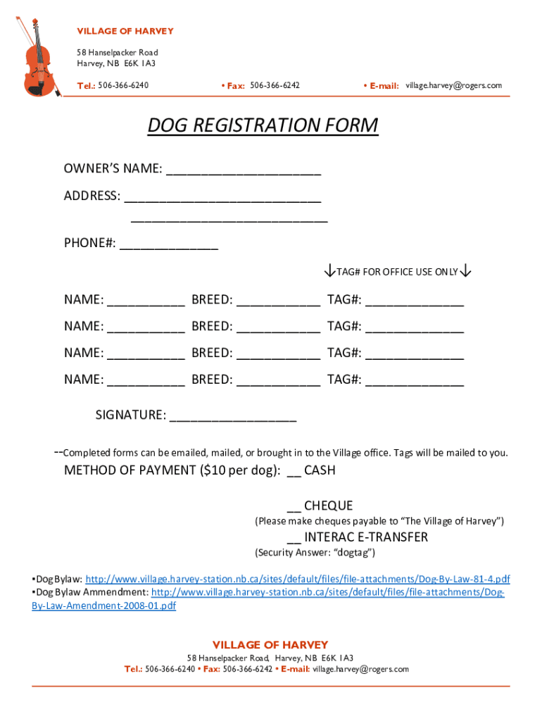 Fillable Online DOG REGISTRATION FORM - Village of Harvey Fax Email ...