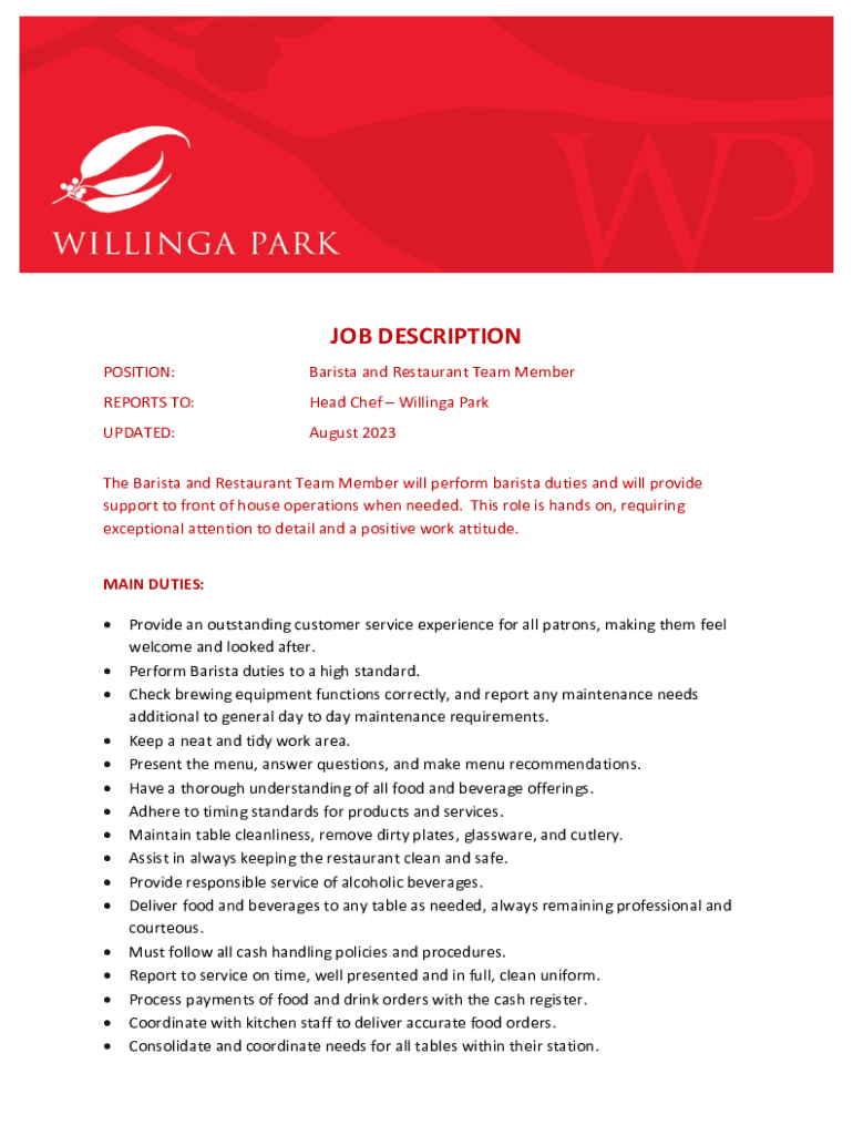 Fillable Online Barista Job Description +2023 TEMPLATE Fax Email Print ...