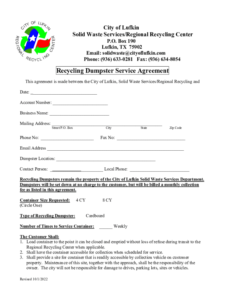 Fillable Online Recycling Dumpster Service Agreement Fax Email Print ...
