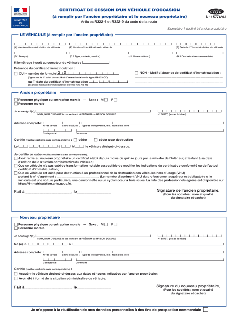 Remplissable En Ligne Certificat de cession vhicule : tlcharger le CERFA ... Fax Email Imprimer ...
