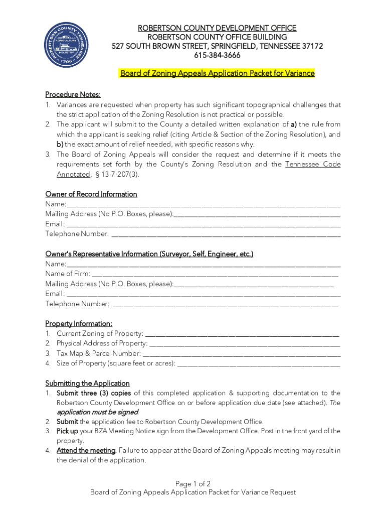 Fillable Online Board of Zoning Appeals Application Packet for Variance ... Fillable Online Board of Zoning Appeals Application Packet for Variance ...