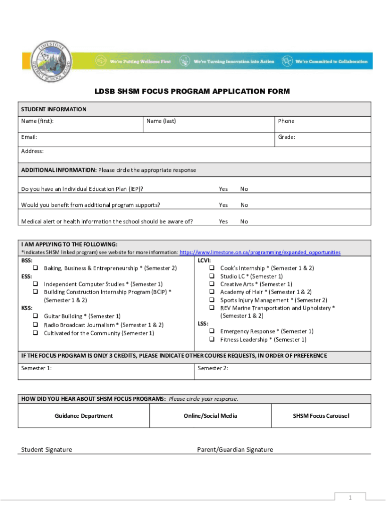 Fillable Online ldsb shsm focus program application form Fax Email Print - pdfFiller