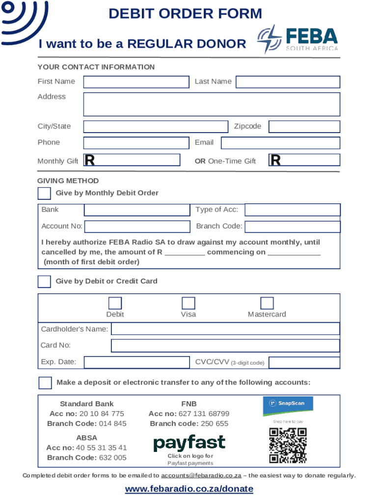 Fillable Online DEBIT ORDER FORM - FEBA Radio Fax Email Print - pdfFiller