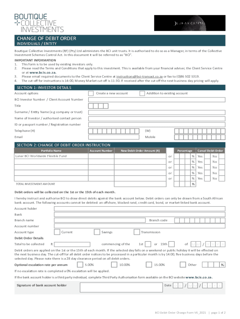 Fillable Online Lunar BCI Debit Order Change Form - Lunar Capital Fax ...