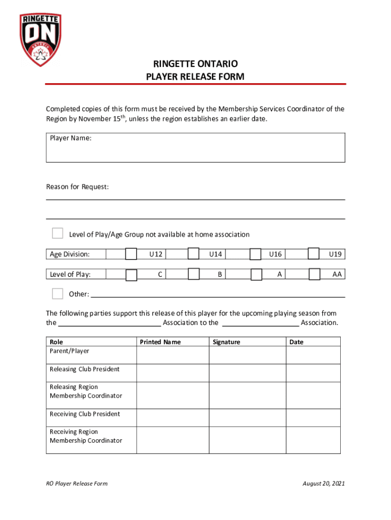 Fillable Online RINGETTE ONTARIO PLAYER RELEASE FORM Fax Email Print ...