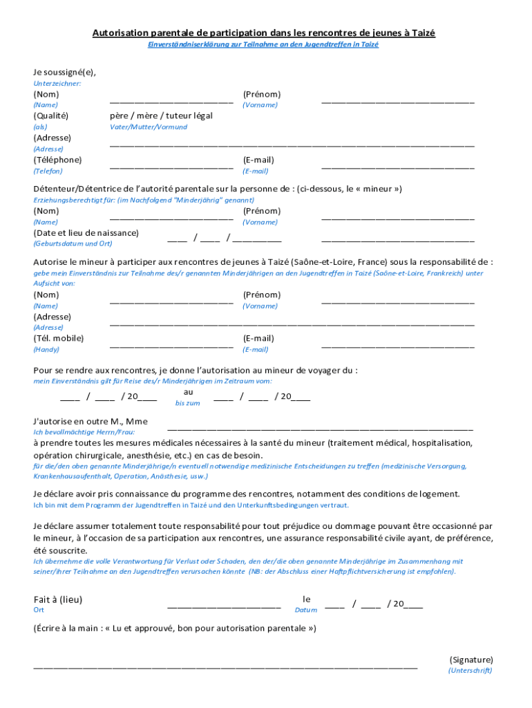 Remplissable En Ligne Autorisation parentale de participation dans les rencontres ... Fax Email ...