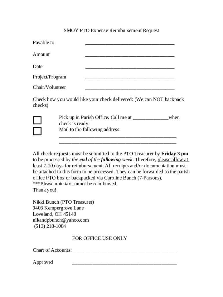 SMOY PTO Expense Reimbursement Request Doc Template | pdfFiller