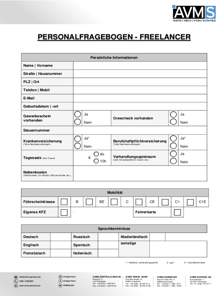 Ausfüllbar Online PERSONALFRAGEBOGEN - FREELANCER Fax Email Drucken ...