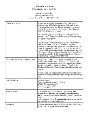 Fillable Online English Language Arts Syllabus and Class Content Fax ...