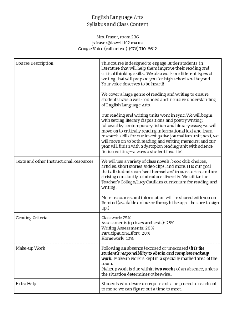 Fillable Online English Language Arts Syllabus and Class Content Fax ...