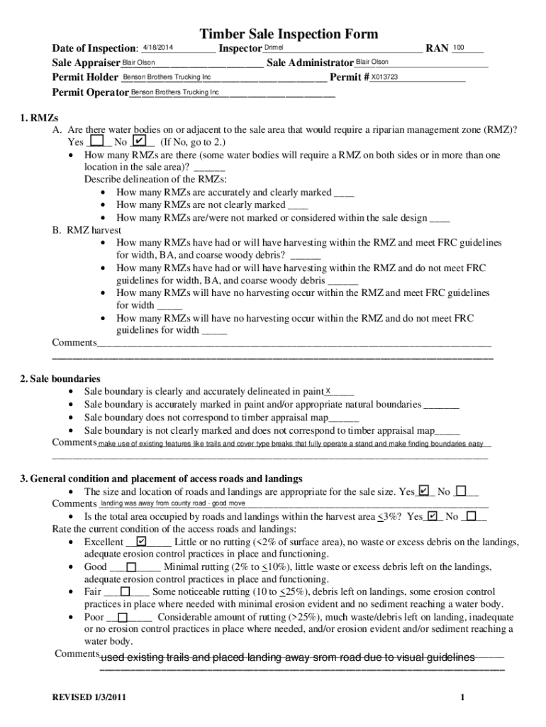Fillable Online Cooperative Stand Assessment- Timber Sale Inspection ...