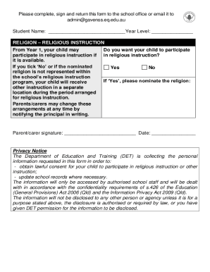 Fillable Online Information and consent formreligious instruction and ...