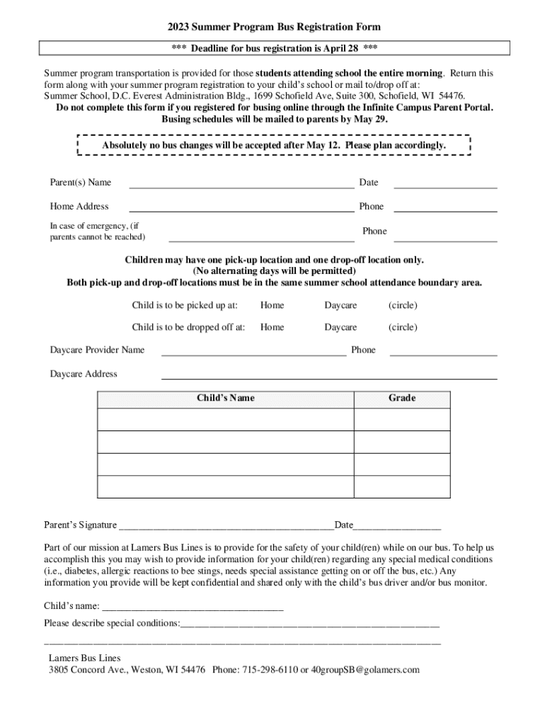Fillable Online 2023 Summer Program Bus Registration Form Fax Email ...