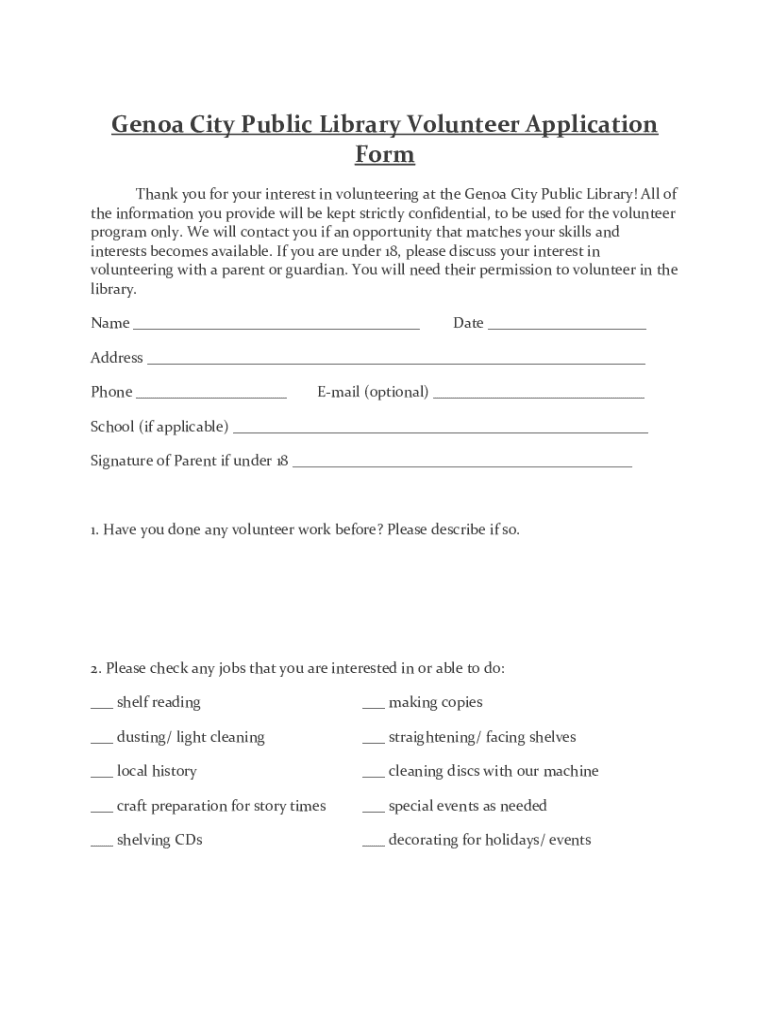 Fillable Online Genoa City Public Library Volunteer Application Form Fax Email Print - pdfFiller
